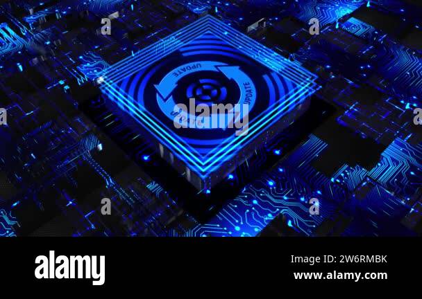 Technology background in abstract motion - rotating update sign with UPDATE lettering on ...