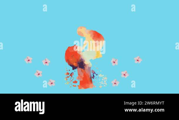 Animation of painterly figure of mother lifting baby with pink flowers ...