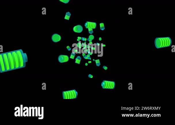 Many batteries floating in air on black background. Symbol of power and ...