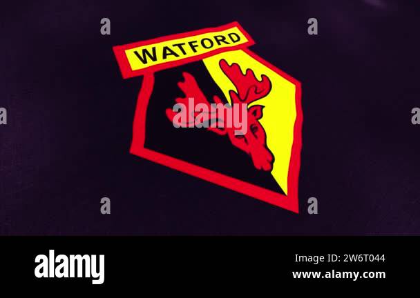 Abstract Watford Football Club flag with a red head of a deer. Motion ...