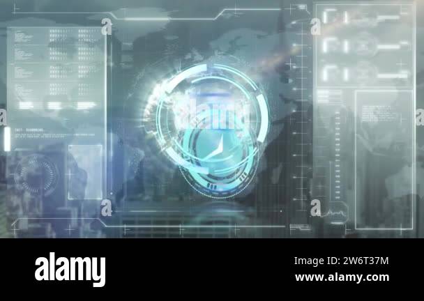 Animation of clock over scope scanning with globe and data processing on screen. global business ...