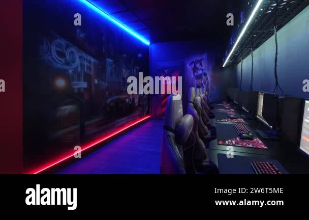 Spain - April 15, 2021: Inside of internet cafe modern place for gamers ...