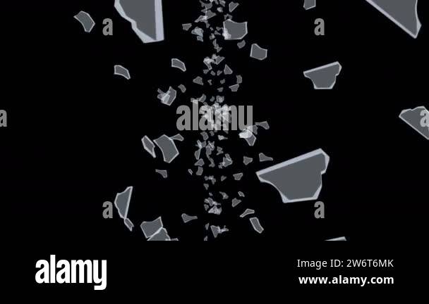 Many broken glass floating in air on black background. Business damage ...