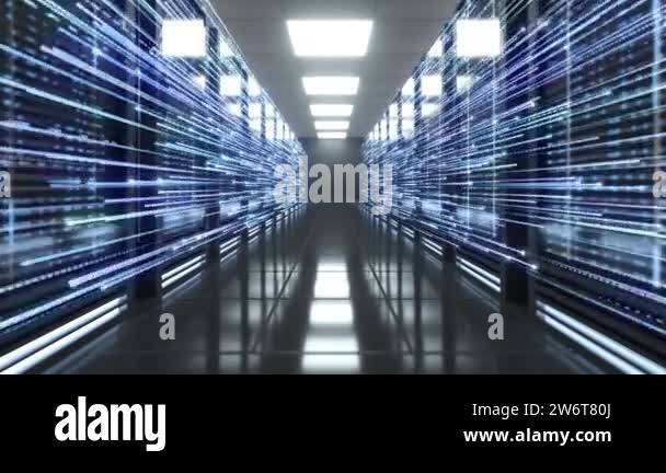 Digital blue line information flying in data centers with ig server room. 4K footage dolly ...