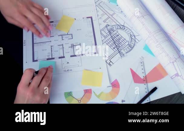 4k Architect designer Interior creative working hand using colorful ...