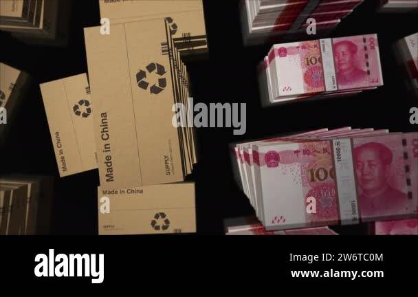 Made in China box line with Renminbi money bundle stacks. Export, trade ...