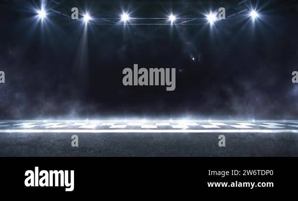 Race circuit and finish line on asphalt ground with blue shining ...