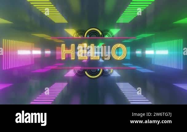 Digital animation of neon hello text over glowing tunnel against black ...