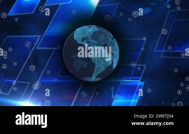 Animation of digital icons over blue screens and globe on blue ...
