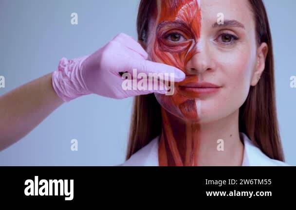 Cosmetic injection in the face. Young woman with half of face with ...