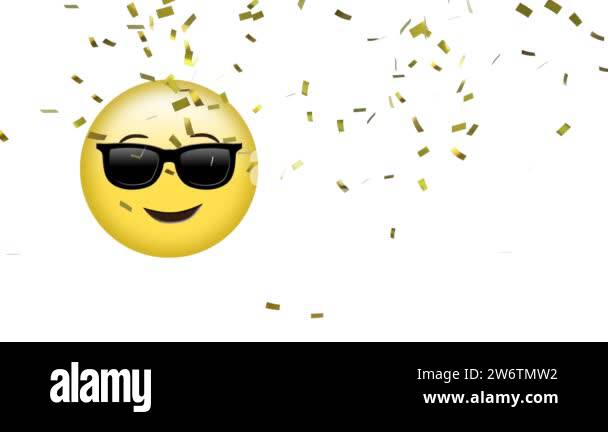 Animation of gold confetti falling over emoji with sunglasses on white ...