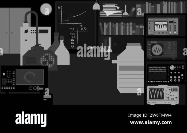 looping animation physics laboratory with instruments. grey colour ...