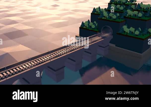 Digital animation of train carrying trees across the bridge to the ...