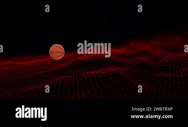 Animation of basketball moving with black and red banners on undulating ...
