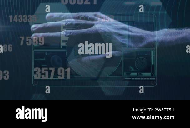 Multiple changing numbers over digital interface against human hand ...