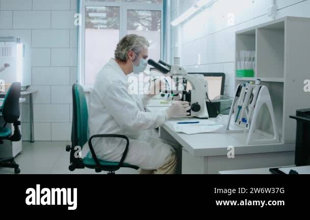 Laboratory assistant sits on a chair and looks through a microscope in ...