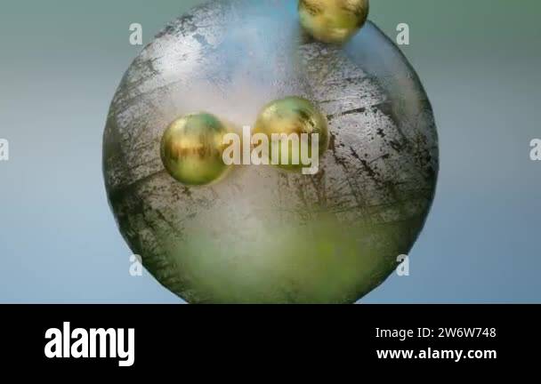 golden spheres roll over the surface of a large silvery sphere. looped ...