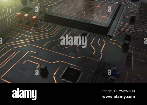 Abstract Technological motherboard electrical circuit HUD.2D and 3D generated.Transferring data ...