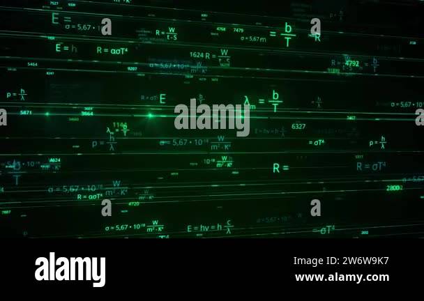 Glowing neon mathematics formulas flying chaotically on black background, seamless loop ...