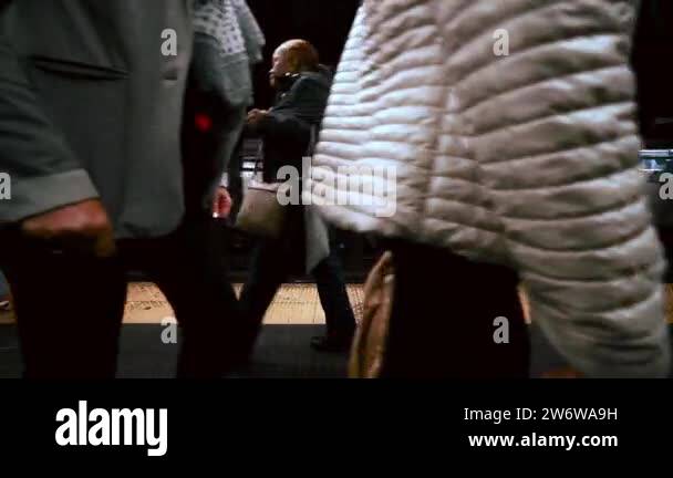 Unrecognized American people walking and train transport in Times ...