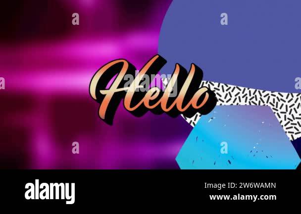 Animation of hello text over shapes on purple background. global social ...