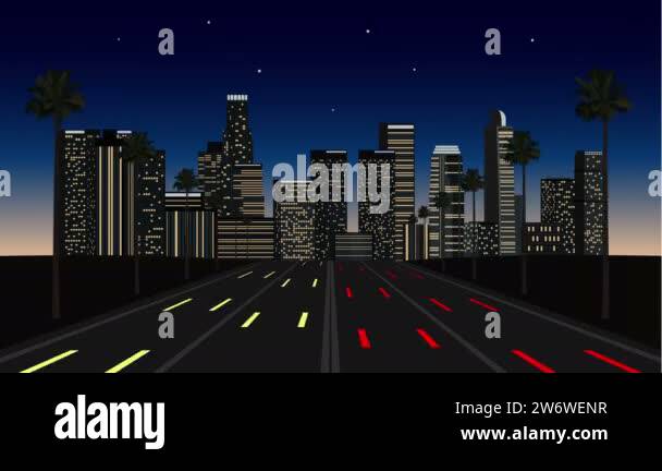 Modern city video background. Night flight towards downtown Los Angeles ...