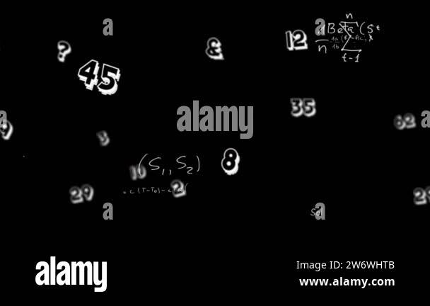 Animation of floating numbers over mathematical equations on black background. global science ...