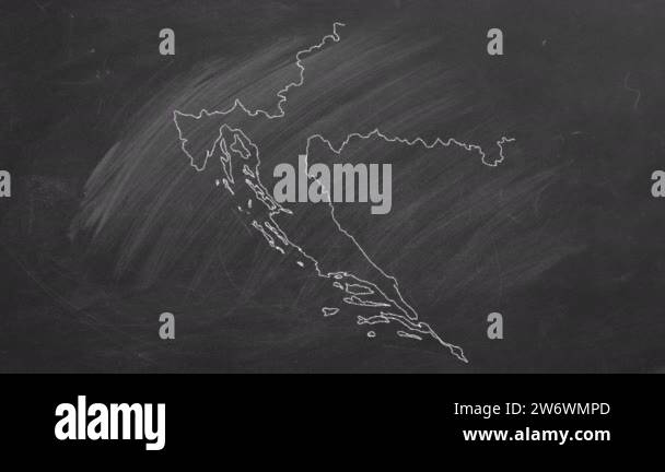 Country map and flag of Croatia drawing with chalk on a blackboard. 4K ...