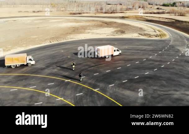 Aerial view of completion of road construction of testing ground for ...