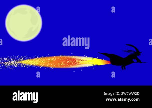A Flying Witch On A Broomstick with flames and sparks shooting out from ...