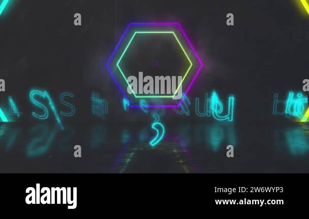 Animation of like, share, subscribe text over neon hexagons on black ...