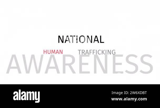 Animation of stop human trafficking text over hand, chain and ribbon ...