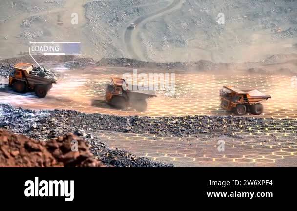 Three mining dump trucks in an iron ore open pit with infographics ...