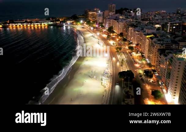 Nightlife view of Copacabana beach, Rio de Janeiro, Brazil. Night view ...