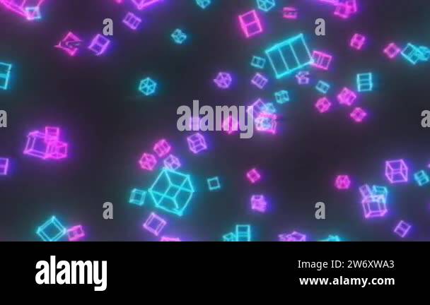 Retro 80s Glitchy Neon Wireframe 3D Cubes Flying in Cyberpunk Future - 4K Seamless VJ Loop ...