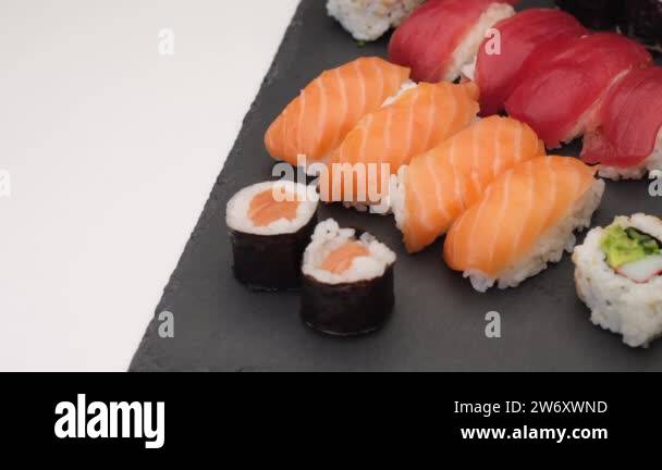 Sushi typical Japanese Asian food. Nigiri salmon, tuna, hosomaki ...