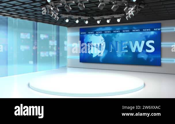 Tv studio. News room. Blye and red background. General and close-up ...