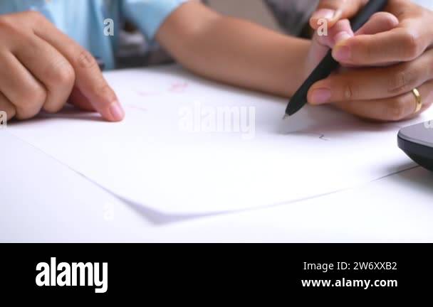 Close up hand of little girl learned to draw through the laptop ...