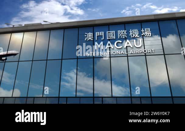 Jet aircraft landing at Macau, China 3D rendering animation. Arrival in ...
