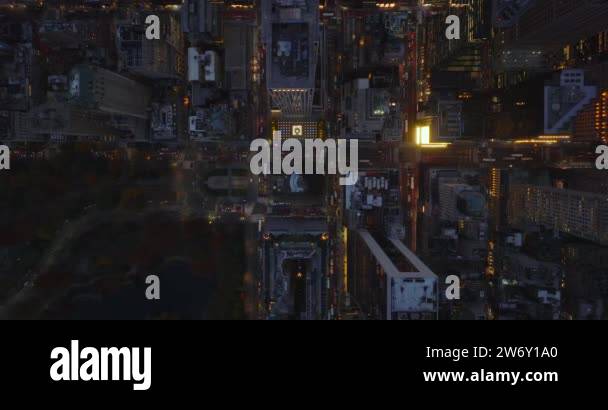 Aerial birds eye overhead top down view of evening downtown ...