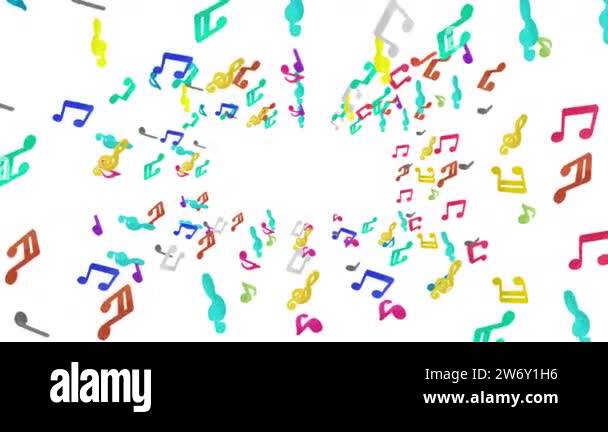 Many colorful musical notes floating in air on white background. Music ...