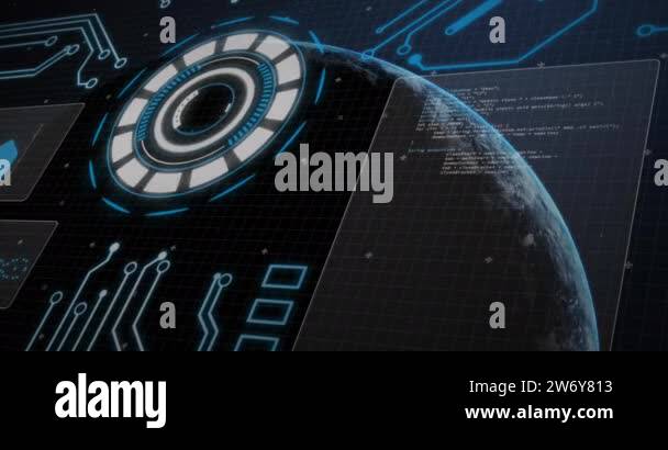 Animation of scopes scanning over blue grid with planet earth. global connections, data ...
