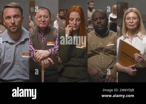 Split screen portraits of diverse people in support group. People from ...