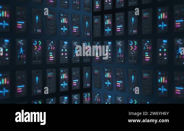 Hi tech panel of fitness application on dark background. Running and ...