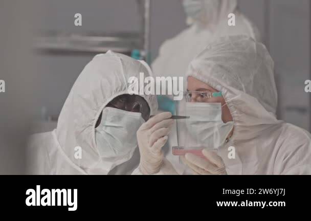 Shoulder-up of male African American and female Caucasian laboratory ...