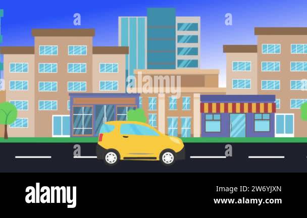car driving rides around city side view, loop animation, flat design ...