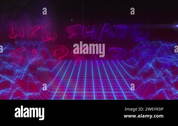 Animation of like, share, subscribe text over neon lines on black ...