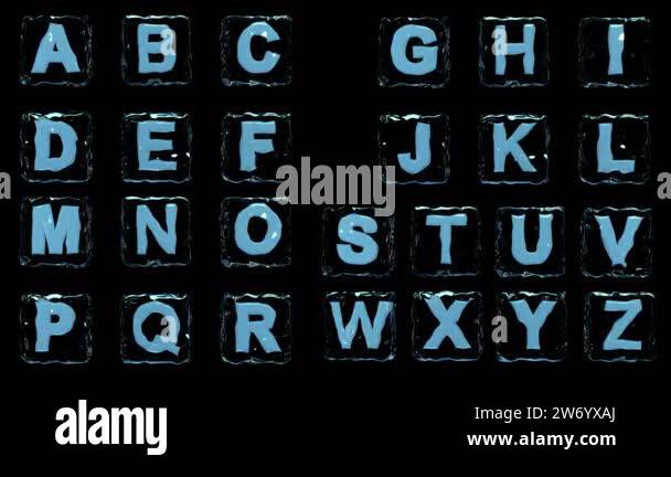 A complete set of alphabet letters animated in ice on a black ...