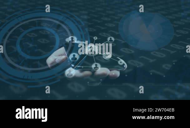 Animation of network of connections with people icons, scopes scanning and binary coding. global ...
