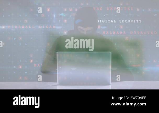 Animation of moving data processing over computer hacker and banknote. global business, finances ...
